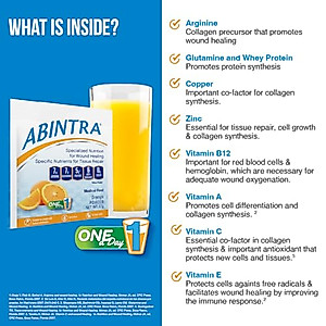 ABINTRA Specialized Wound Healing Nutritional Supplement includes L-Arginine, L-Glutamine, Whey Protein, Vitamins and Minerals, Orange Flavor, 6 Packets, 27g Each, Made in The USA