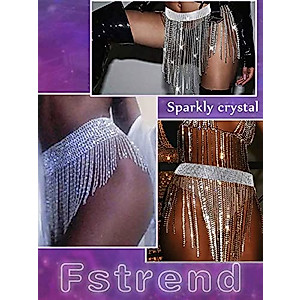 Fstrend Crystal Tassel Body Chains Rhinestone Fringe Skirts Belly Waist Hip Chain Rave Nightclub Jewelry Accessories for Women (Silver)