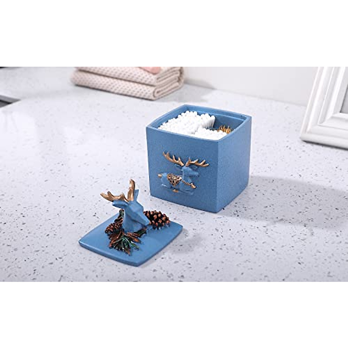 Mekoly Cotton Swab Holder, Resin Qtip Holder with Lids, 3 Compartments Dispenser Storage Box Cosmetics Countertop Organizer Containers Apothecary Jars Christmas Reindeer,Blue