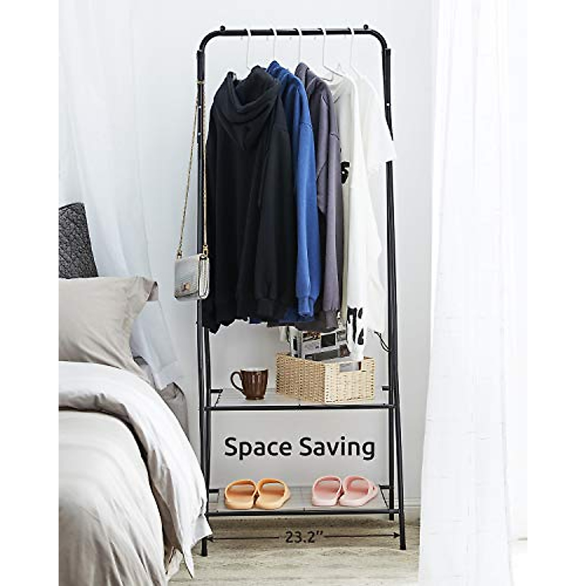 YOUDENOVA Small Clothes Rack, Freestanding Clothing Garment Rack with Shelves for Living Room, Black Coat Rack