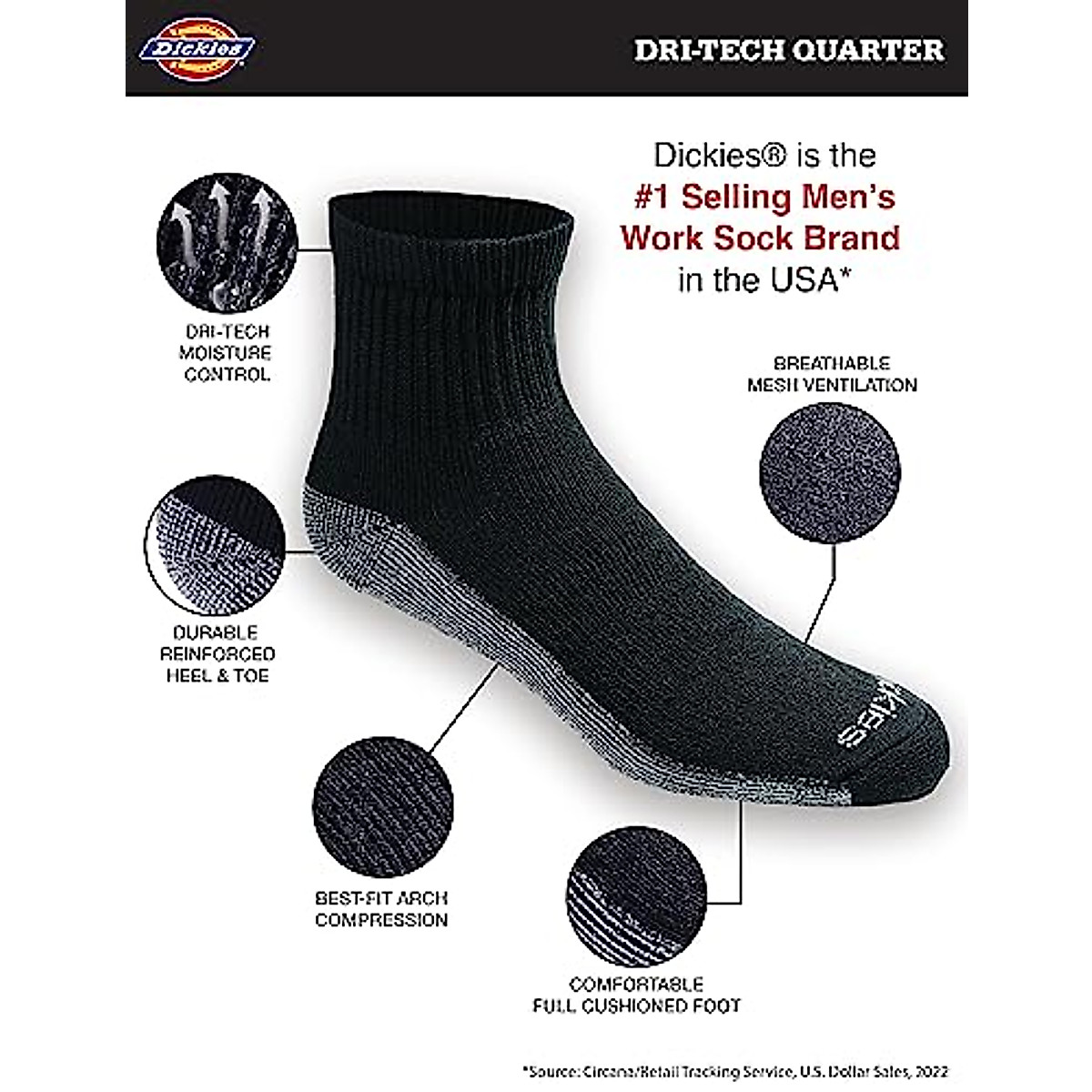 Dickies Men's Big & Tall Dri-Tech Moisture Control Quarter Socks (6, 12, 18, Black (6 Pairs), X-Large