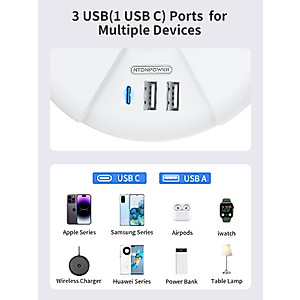 NTONPOWER Travel Power Strip with 3 USB Ports(1 USB C), 3 Outlets,i-Donut Power Strip Flat Plug Extension Cord 1ft Portable Power Strip for Cruise Ship Hotel, Airport,White