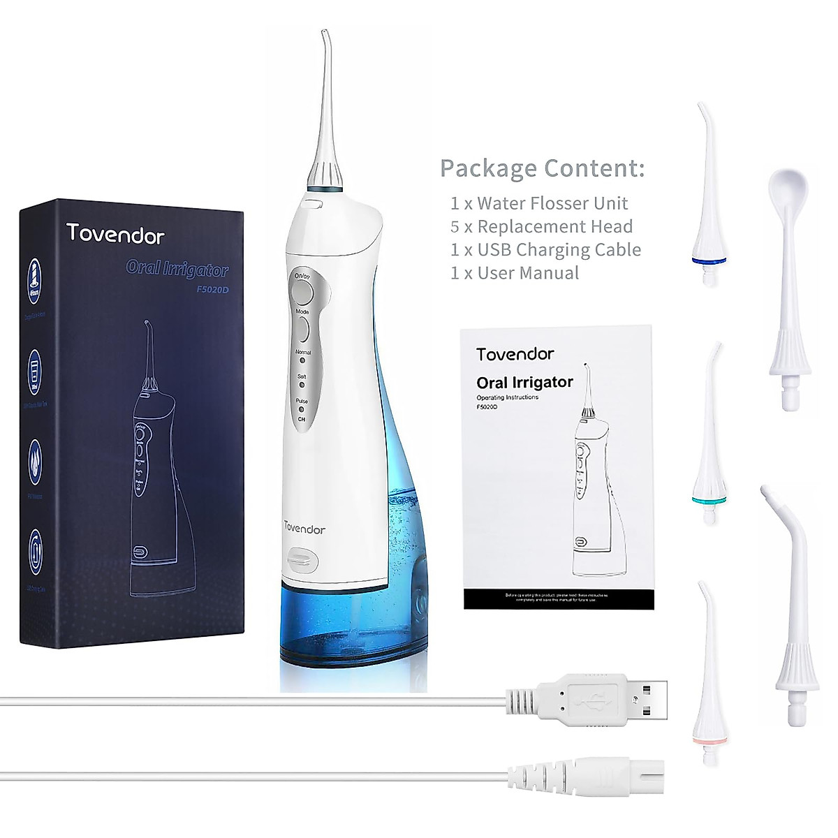 TOVENDOR Electric Water Flosser, Cordless Rechargeable Dental Oral Irrigator IPX7 Waterproof 300ML Travel Water Teeth Cleaner with 5 Tips for Braces Care Teeth Gums Cleaning, Home Office Daily Use