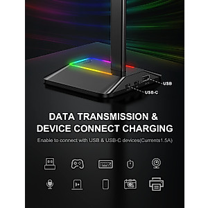 New bee RGB Headphone Stand with 1 USB-C Charging Port and 1 USB Charging Port, Desk Gaming Headset Stand with 7 Light Modes for All Earphone Accessories (Black)