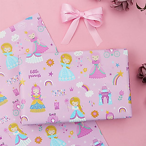 Little Princess Birthday Wrapping Paper for Girls Kids Baby Child, Lovely Pink Princess Castle Theme Gift Wrapping Paper for Birthday Baby Shower with Pink Ribbon 4 Sheets Folded Flat