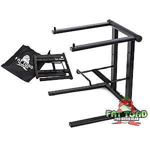 Folding DJ Laptop Stand with Sub-tray Shelf by FAT TOAD | Pro Audio Computer Table Top Rack Stand Mount for iPads, Mixer Controller & Tablets | Portable PC Gear Clamp Holder | Stage Booth, Home Office