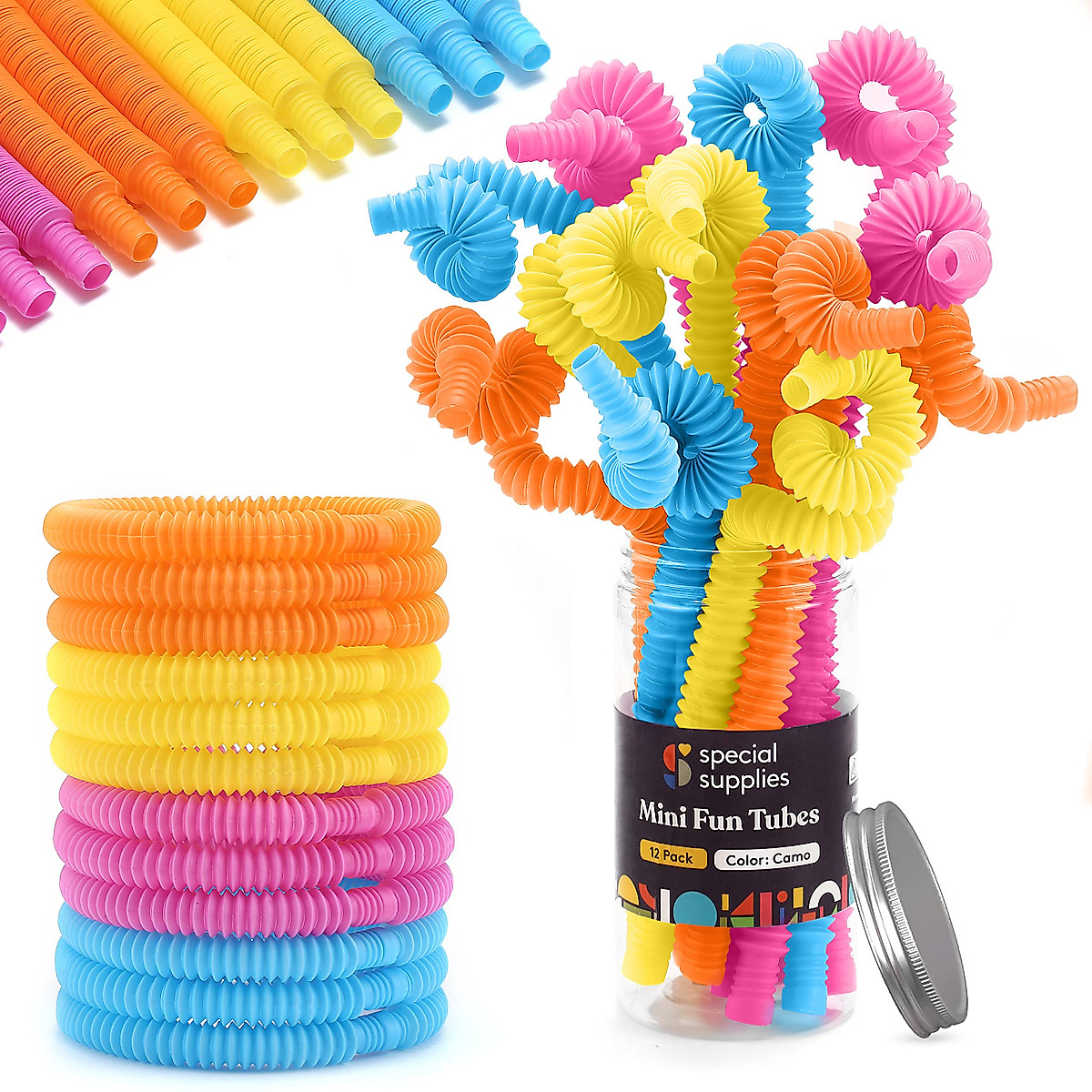 Special Supplies Fun Pull and Stretch Tubes for Kids - Pop, Bend, Build, and Connect Toy, Provide Tactile and Auditory Sensory Play, Colorful, Heavy-Duty Plastic (Primary-12)
