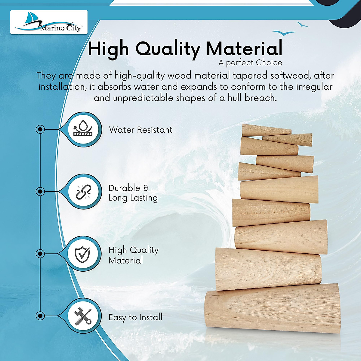 MARINE CITY Boat Emergency Durable Tapered Soft Conical Thru-Hull Wood Simple Design 7 Different Sizes Plugs Kit Drain Stopper Easy Use for Boats – Yachts – Marines – Ships (Pack of 10)