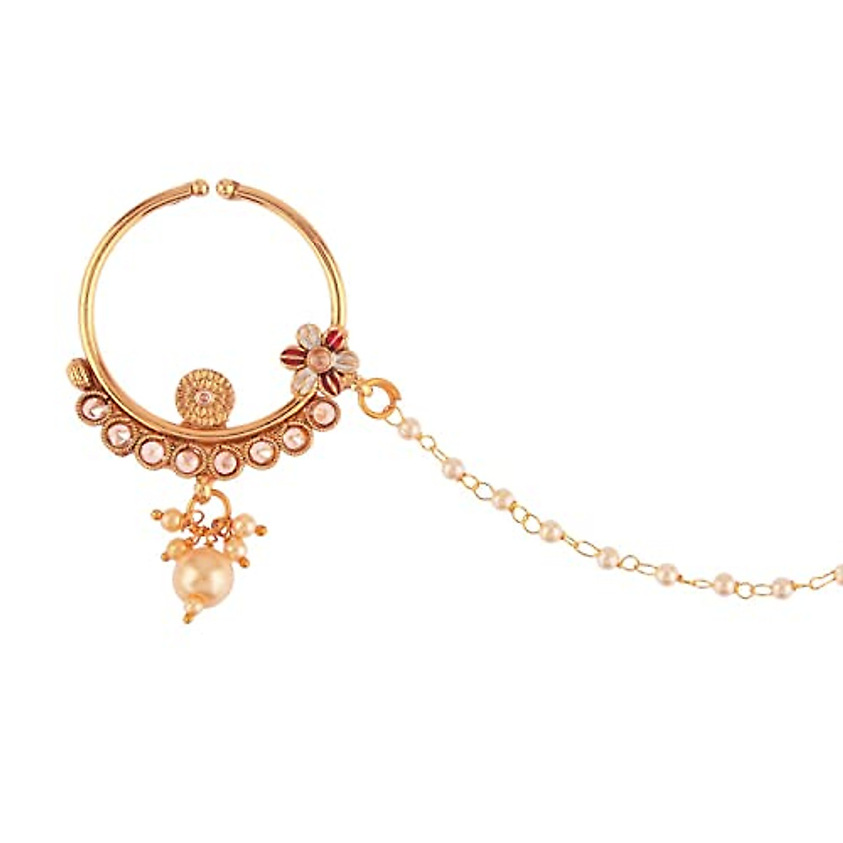 Efulgenz Indian Jewelry Kundan Crystal Nose Ring Hoop Pin Stud Fake Septum Ring with Chain Nose to Ear Chain Non Piercing Body Jewelry