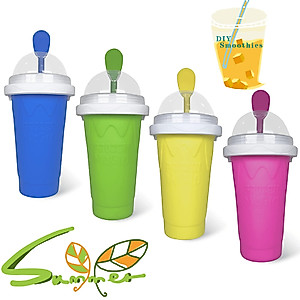 REGNBUE 2 Pcs Slushie Maker Cup, Magic Quick Frozen Smoothies Cup Double Layer Squeeze Cup Homemade Milk Shake Ice Cream Maker Cooling Cup DIY for Family (Blue+Green)