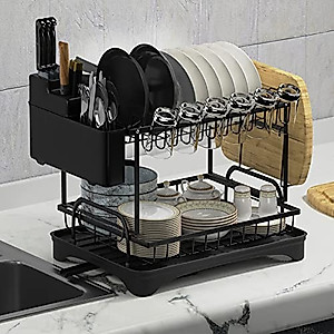 QEWEEQ Dish Drying Rack with Drainboard Set, Stainless Steel 2-Tier Dish Racks for Kitchen Counter,Collapsable Dish Drainers with Cup Rack, Utensil Holder and Cutting Board Holder, Black
