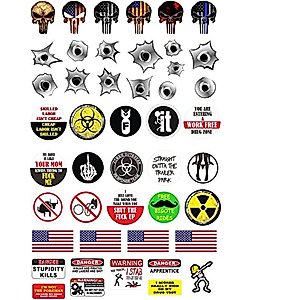46 Pieces XXL Set Hard Hat Stickers Funny, Skulls, Bullet Holes, American Flag, Welder Decals, USA Hardhat Stickers