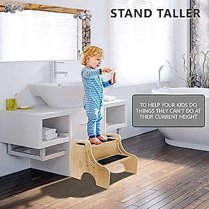 Merrynine Upgraded Wooden Step Stools for Kids, Toddler Step Stool with Non-Slip Mat for Bathroom Sink, Kitchen, Thickened Wood,Double Handles, Pre-Slotted Side Plate,(15.75*14.96*12.6",5.6LB,Natural)