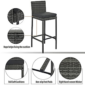 Quarte Modern 5-Piece Outdoor Patio Dining Set, Garden PE Rattan Wicker Bar Set, 4 Bar Height Chairs with Non-Slip Feet and Fixed Rope, Acacia Wood Table Top