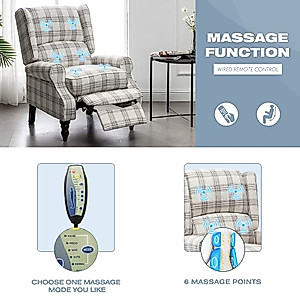MELLCOM Upholstered Wingback Massage Recliner Chair,Traditional Push Back Recliner with Padded Seat,Mid Century Modern Lounge Chair Armchair with Wired Remote for Living Room Bedroom,Beige Plaid