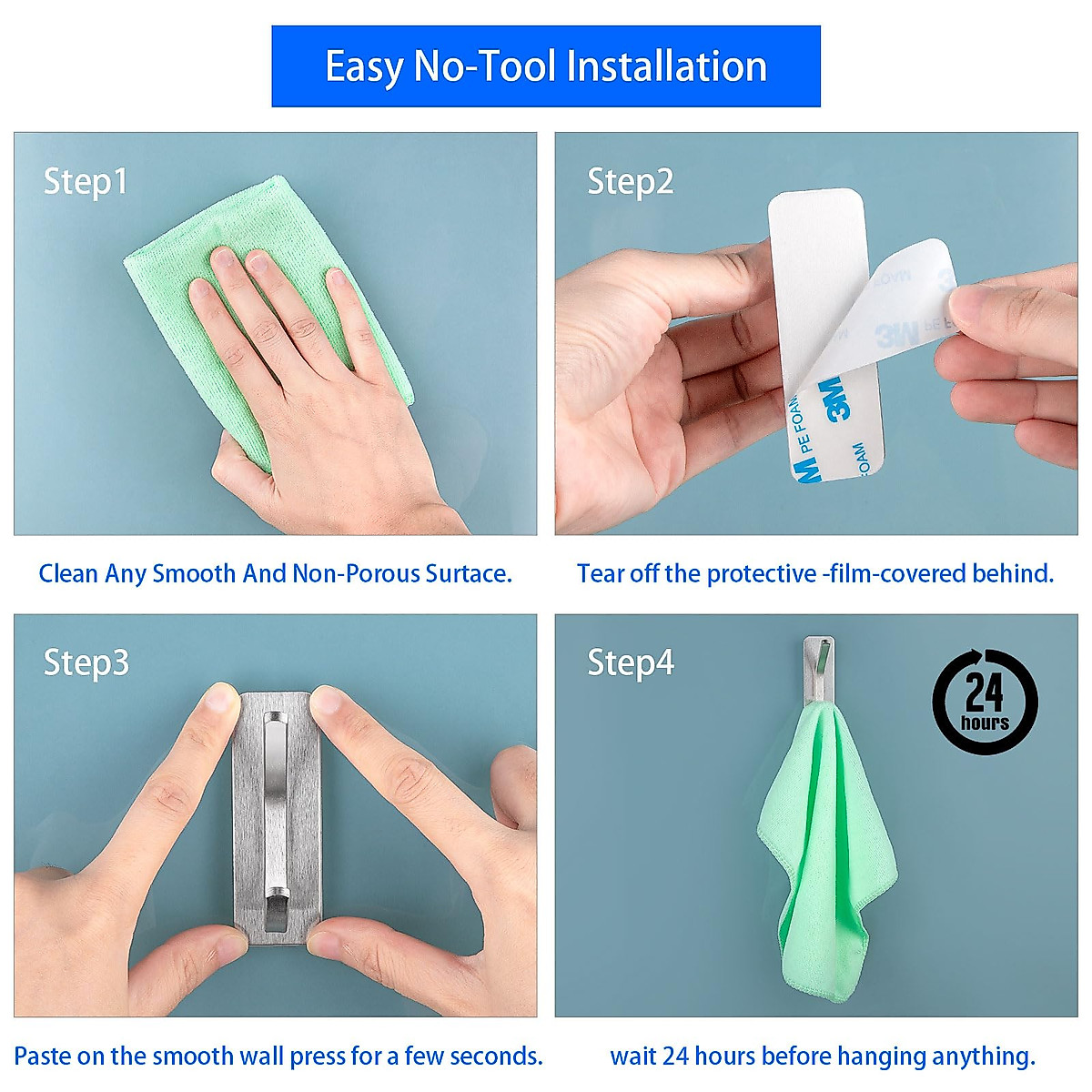 2 Pack Self Adhesive Hooks,Towel Hooks for Bathroom, Heavy Duty Adhesive Hooks,Shower Hooks for Inside Shower,Stainless Steel Wall Hooks for Coat,Robe and Towels, Stick On Bathroom and Kitchen,Sliver