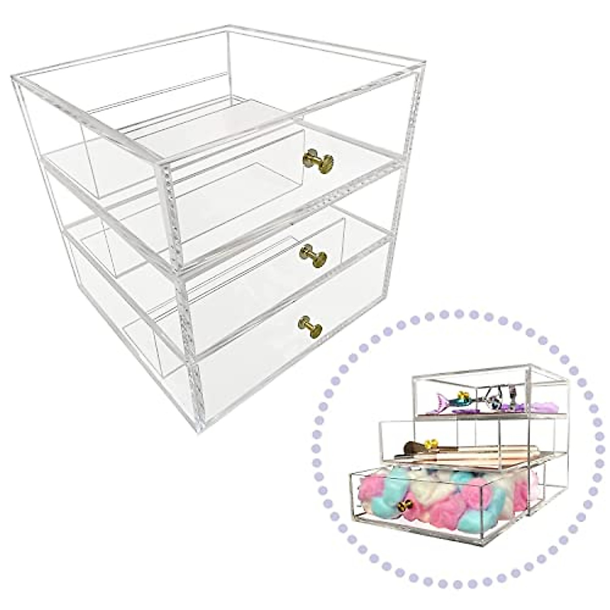 Creative Planet Acrylic Drawer Organizer Storage Drawers for Jewelry Makeup Hair Accessories Cosmetics Sunglasses Toiletries (3-Level-7"x7"x7"-Transparent)