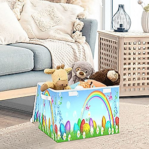 Kigai Spring Rainbow Easter Eggs Storage Basket with Lid Collapsible Storage Bin Fabric Box Closet Organizer for Home Bedroom Office 1 Pack