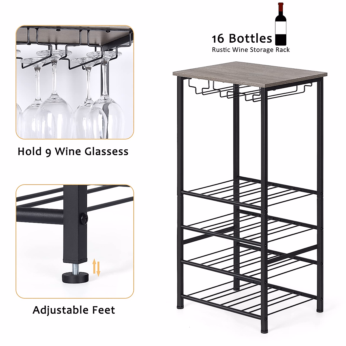 Wine Bottle Holder, Wine Rack Freestanding Floor with Glass Holder Rack, Wood Tabletop & 16 Bottles Holder, Wine Liquor Cabinet Bar for Home Kitchen, Dining Living Room, Gray Oak