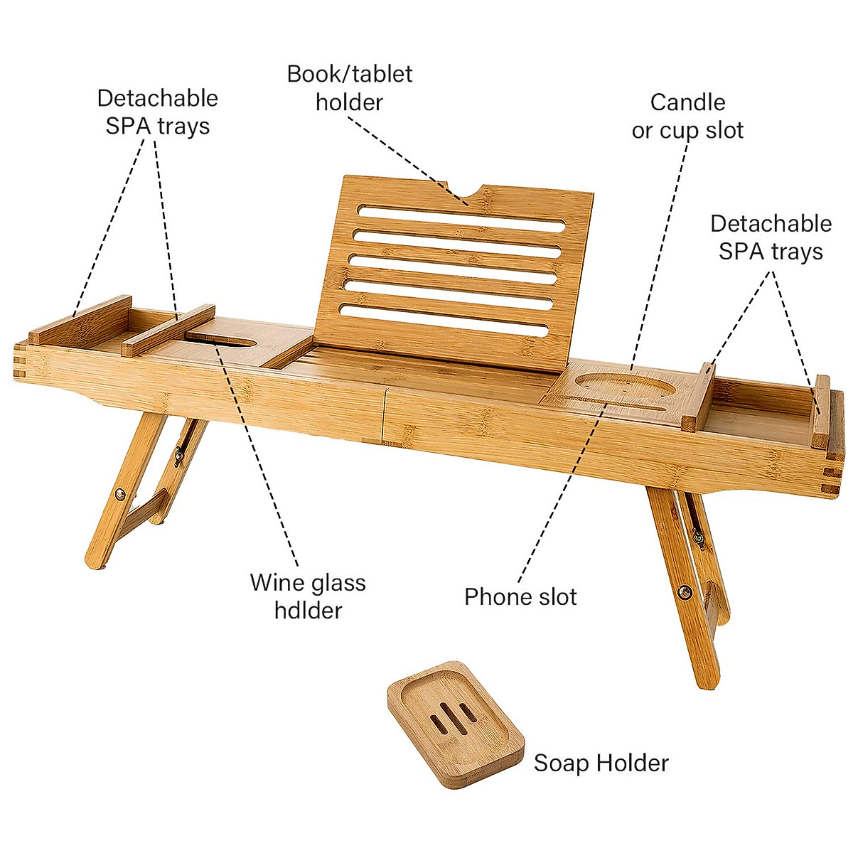 HBlife Bamboo Bathtub Caddy Tray with Extending Sides & Laptop Desk with Foldable Legs,Cellphone Tray and Wineglass Holder，Free Soap Holder (Natural)