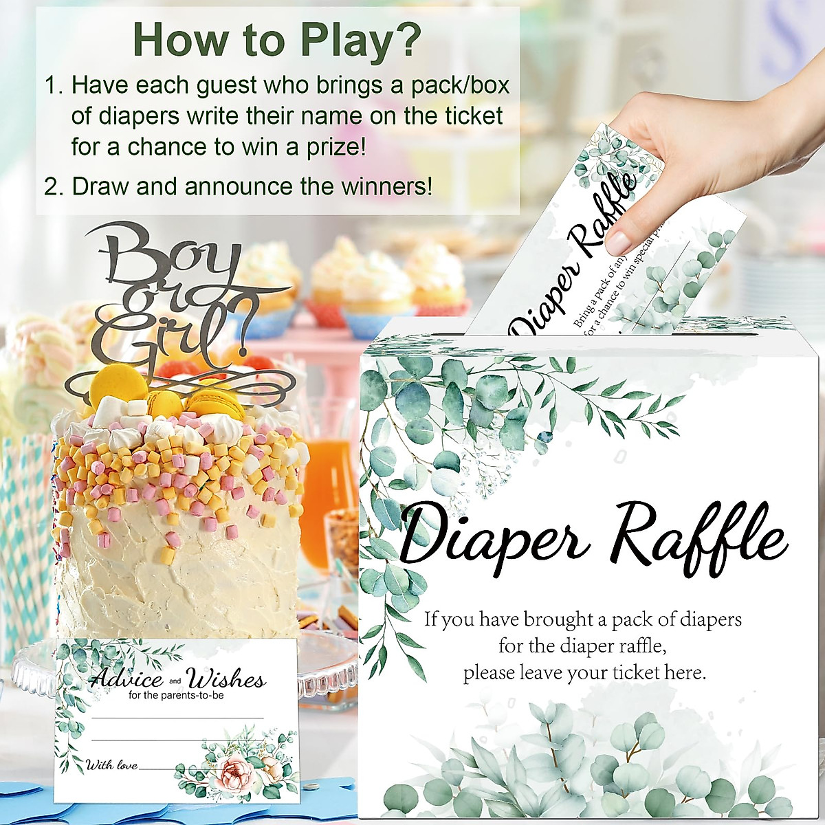 50 Pcs Greenery Diaper Raffle Card Box for Baby Shower, Diaper Raffle Tickets with Advice and Wishes for the Parents-to-be, Baby Shower Card Box Party Decorations, Party Favors Decorations Supplies
