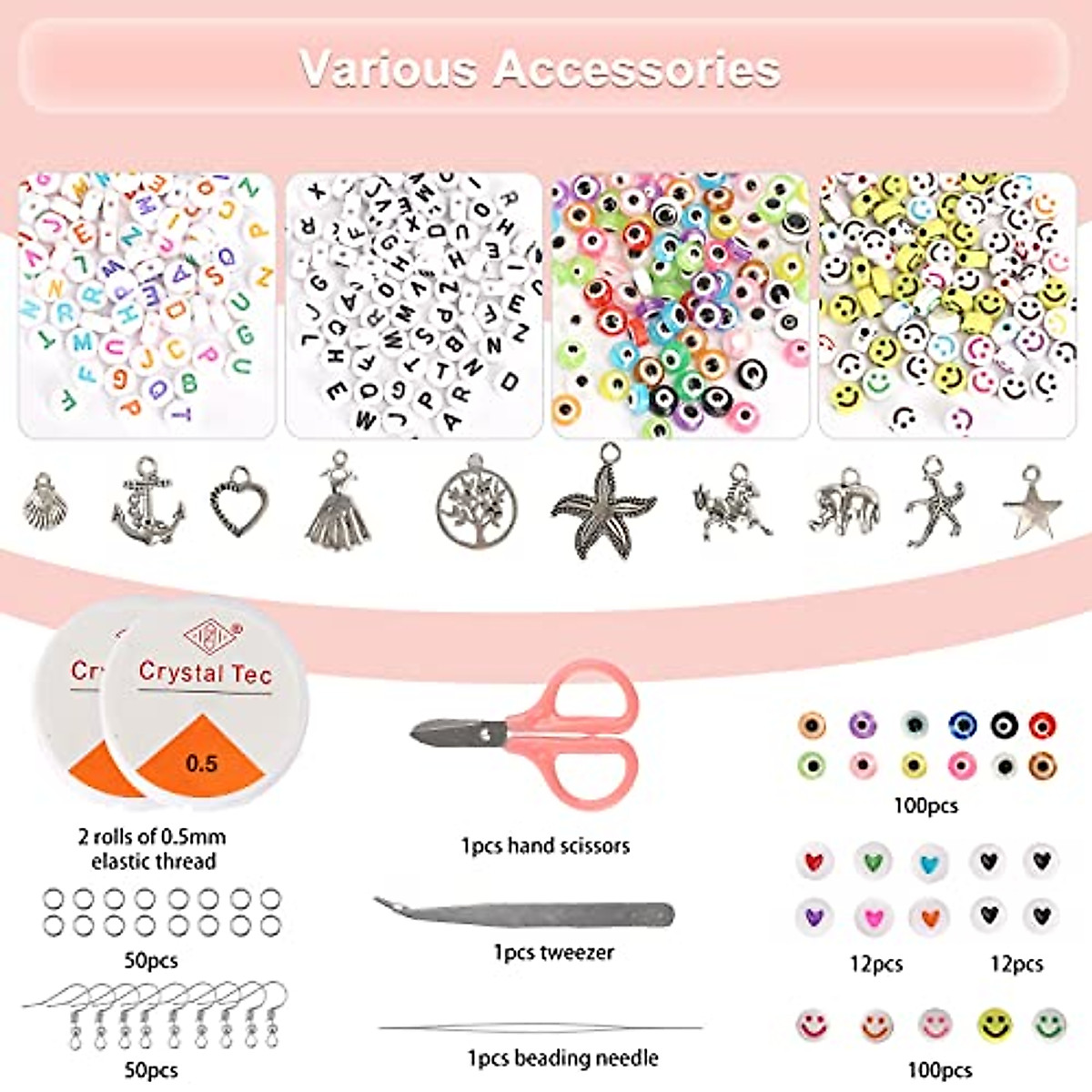 QUEFE 40000pcs 2mm Glass Seed Beads for Jewelry Making Kit, 440pcs Letter Beads 100pcs Smiley Face Beads & 100pcs Evil Eye Beads for Bracelets Necklace Ring Making DIY Art Craft Gifts