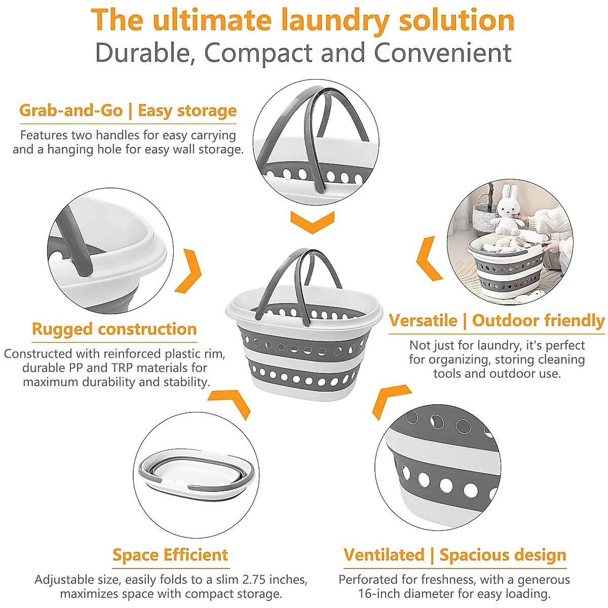 Compact 4.2 Gallon (16L) Collapsible Laundry Basket - Small Size with Handle - Foldable Pop-up Storage Container - Space-Saving Portable Hamper for Sorting Clothes(1,Gray)