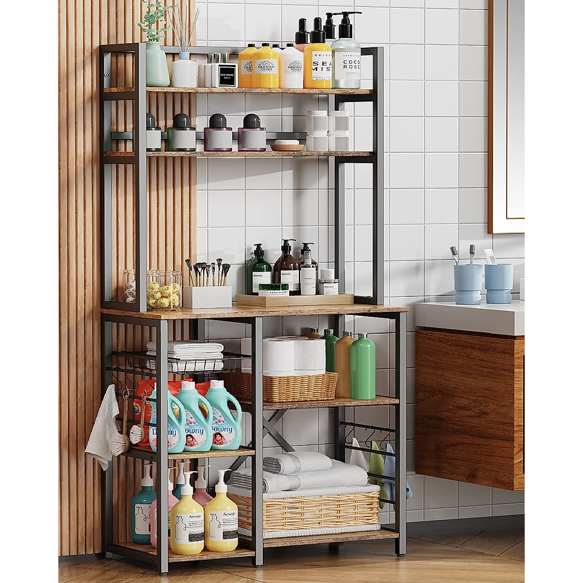 Gizoon Home Kitchen Baker's Rack with Spacious Storage, 5 Tier Versatile Microwave Stand Shelf with Basket & Side Hooks,Free Standing, Sturdy, Durable-Retro