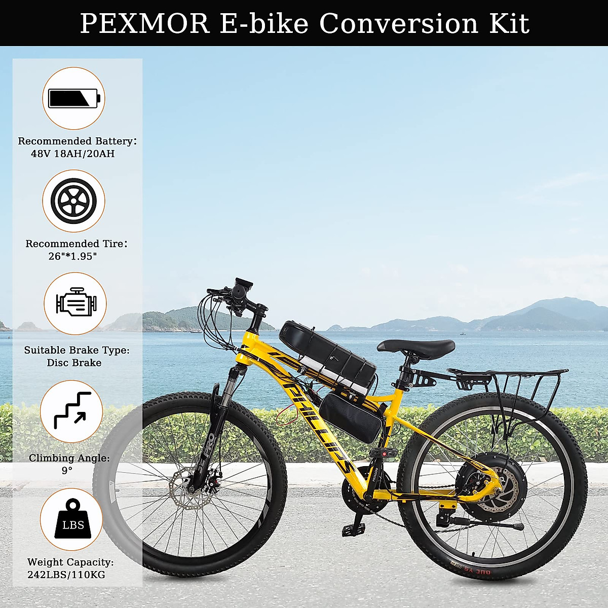 PEXMOR Electric Bike Conversion Kit, 48V 1200W 26" Front Wheel E-Bike Conversion Kit, Ebike Hub Motor Kit Upgrade 3 Mode Controller w/PAS/LCD Display/Twist Throttle Electric Bicycle Ebike Kit