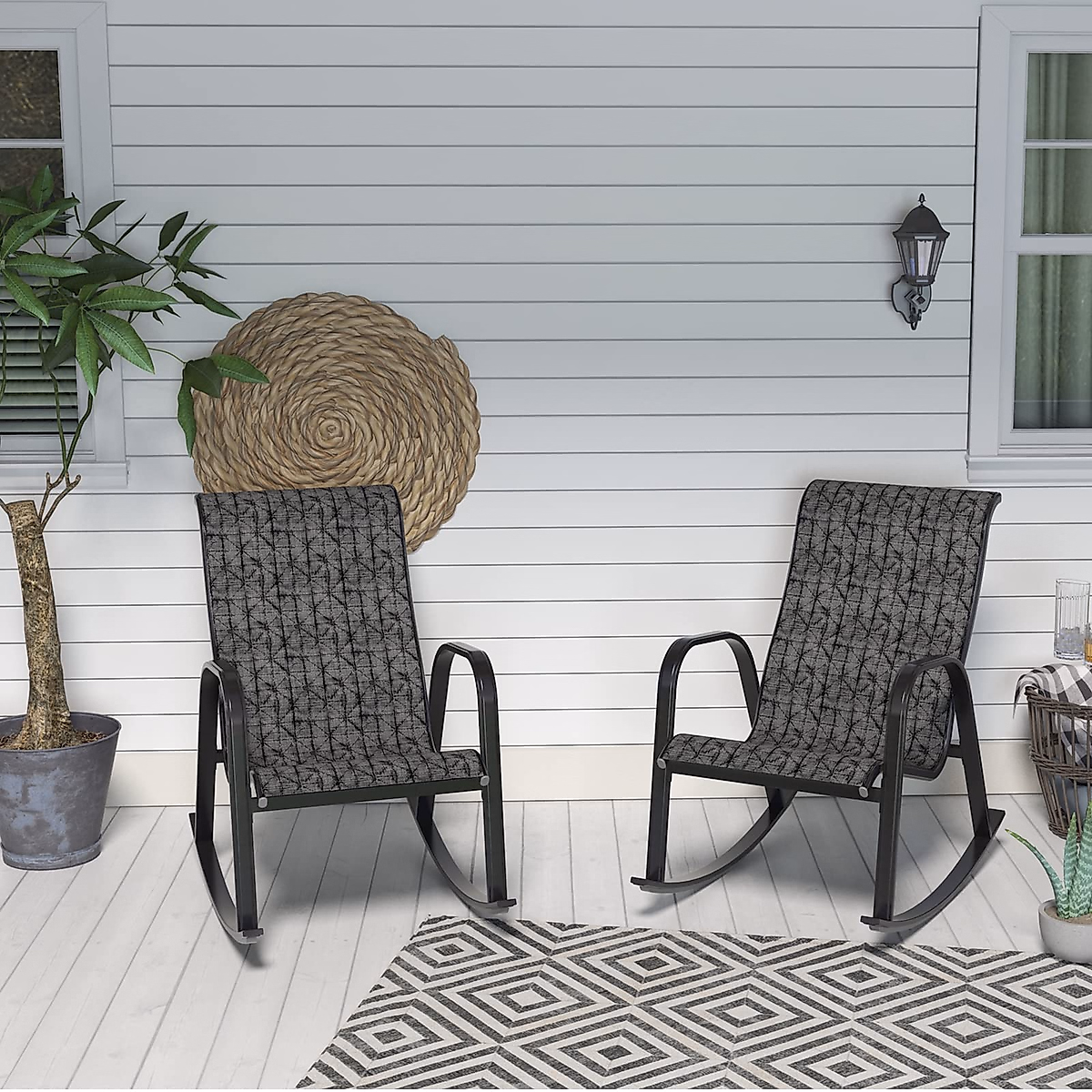 Grand patio Outdoor Rocking Chair Mesh Sling Rocking Chair Seating Outside for Front Porch Garden Patio Backyard (Black&Grey Plaid, 2 Piece)