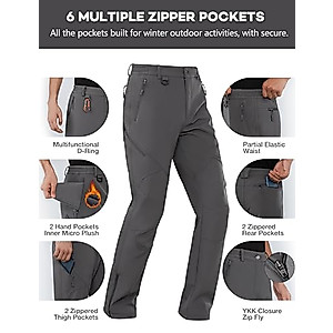 Stlight Mens Snow Ski Water Repellent Softshell Pants for Winter Hiking Fleece Lined Bottom Leg Zipper with 6 Zip Pockets(Grey 34W/30L)