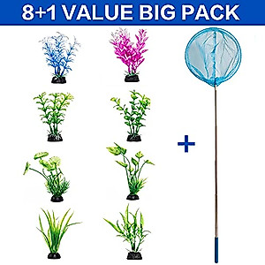 BKDMZZMY Fish Tank Plants, Small Artificial Aquarium Plants with Extendable Fish Net Fake Aquatic Plants Accessories Fish Tank Decorations, Realistic Plastic Aquarium Plants Safe for Fish (8+1PCS)