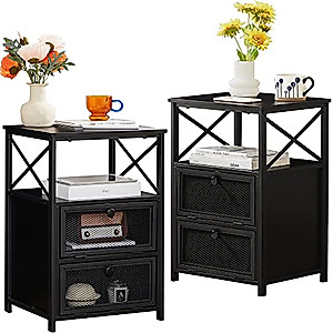 VECELO Modern Night Stand, End Side Table with Storage Space and Door, Nightstands with Flip Drawers for Living Room,Bedroom,Lounge,Set of 2, Black