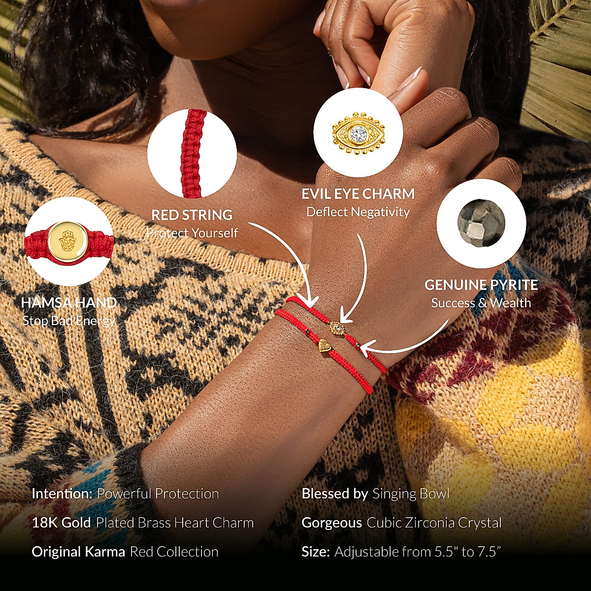 KARMA AND LUCK Powerful Protection, Red String Bracelet & Evil Eye Charm for Women, 18K Gold Plated Brass with Genuine Hematite Stone, Size 5.5"-7.5”
