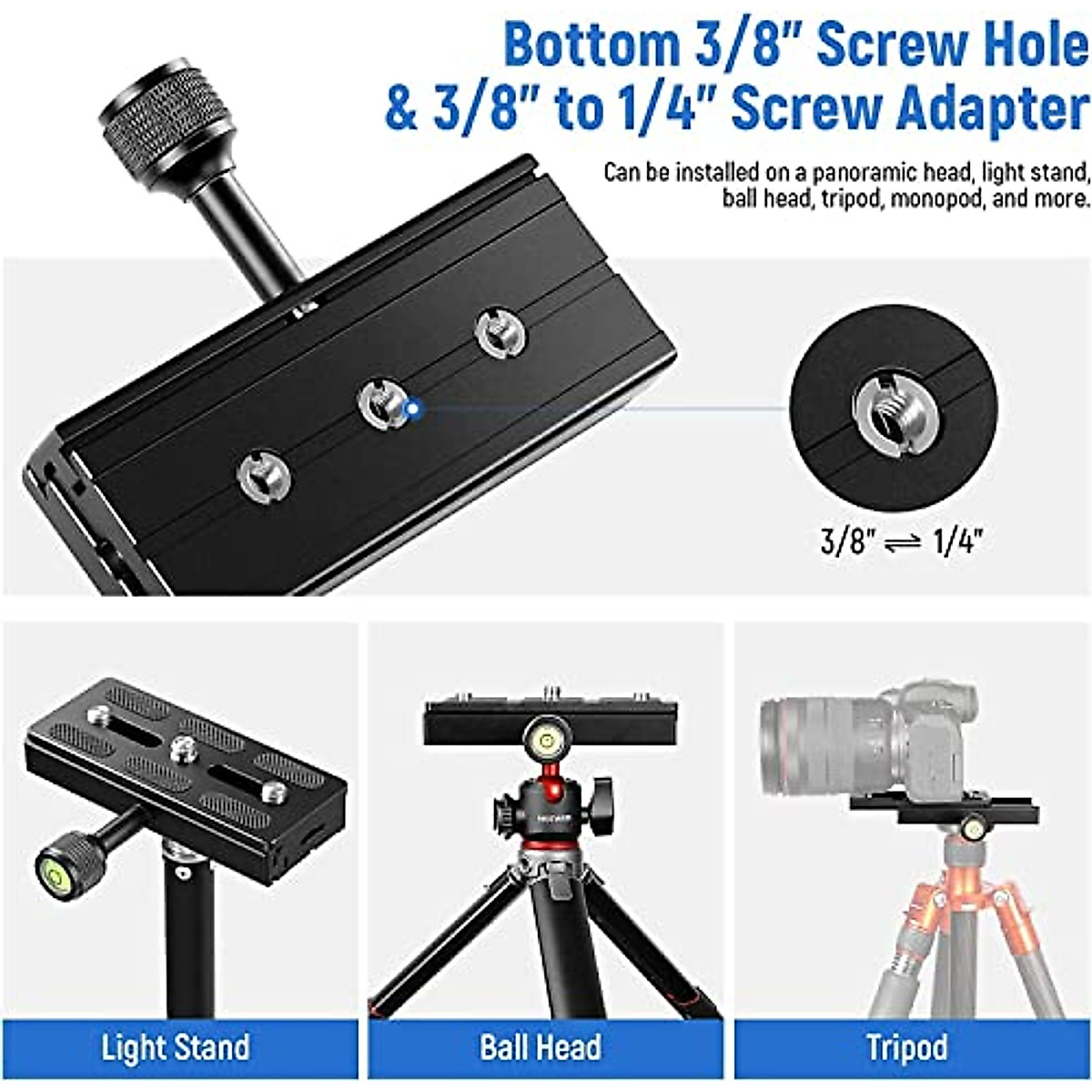 NEEWER Quick Release Plate with Clamp Adapter Set, 120mm QR Plate with Clamp, 3/8"&1/4" Screw, Bubble Level, 3/8” to 1/4” Screw Adapter, Compatible with Arca Swiss Tripod Monopod Ball Head