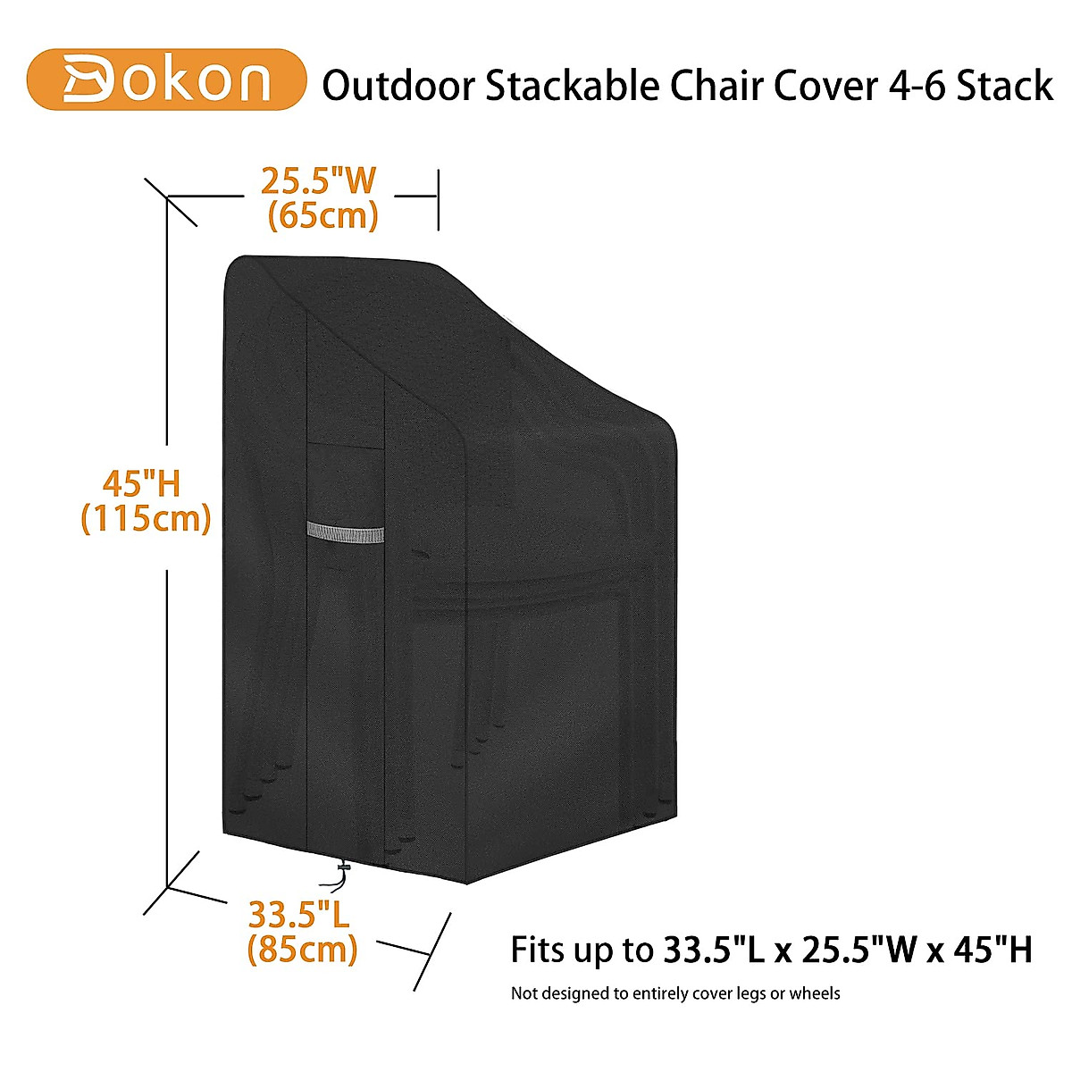 Dokon Heavy Duty Stackable Patio Chair Covers Waterproof Outdoor Chair Cover Anti-UV Patio Furniture Covers with Air Vent, Fits for 4-6 Stackable Dining Chairs (33.5"L x 25.5"W x 45"H) - Black
