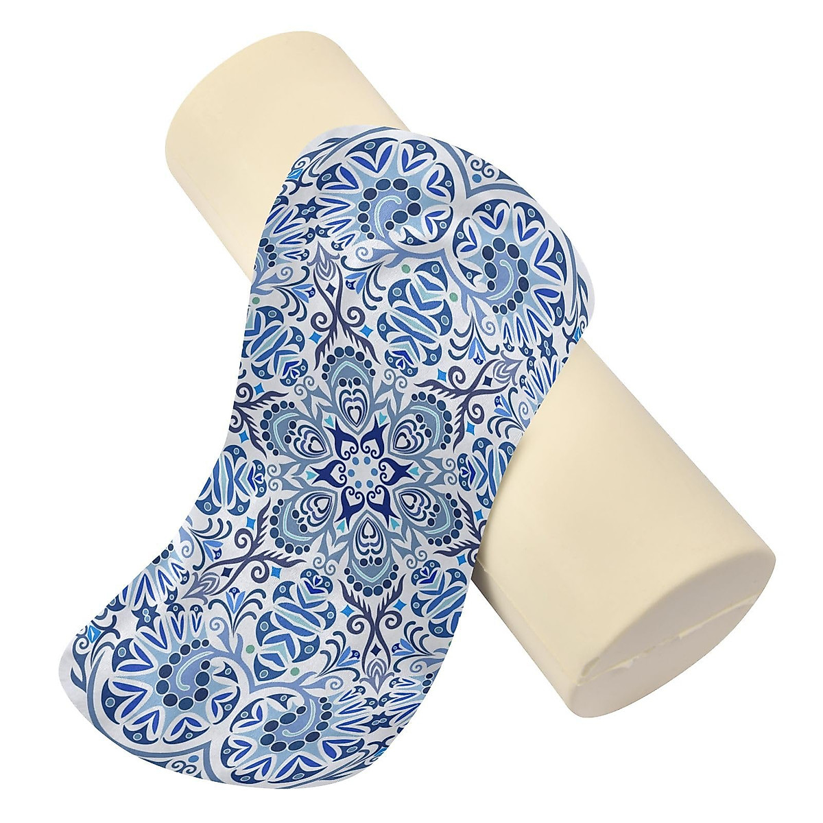 xigua Blue Decorative Floral Neck Roll Pillow for Neck Relief with Removable Washable Cover - Memory Foam Round Cylinder Bolster, Ergonomically Designed for Head, Neck, Back, and Legs