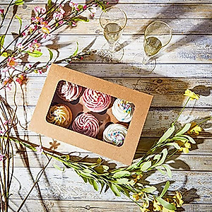 Juvale 24 Pack Cupcake Containers with Windows, 6 x 6 Boxes with 4 Count Inserts for Muffins (Kraft Paper)