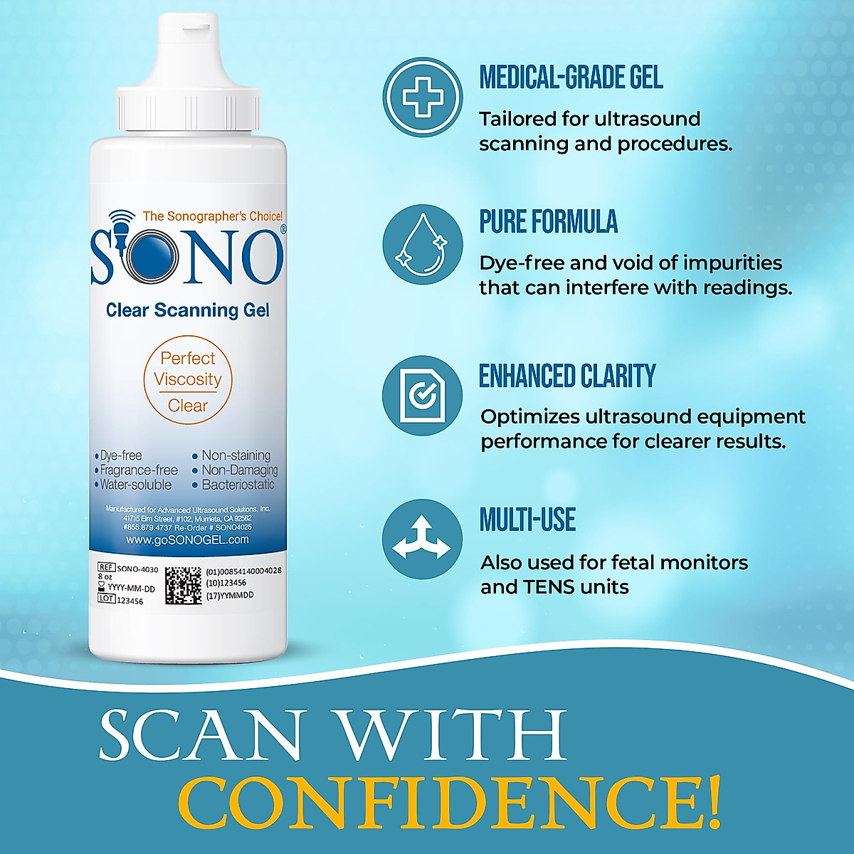 SONO Clear Scanning Gel - Ultrasound, Electrode, Ultrasonic, Sonogram, Transmission, Conductive, TENS Gel - Non-Staining, Dye-Free, Unscented, Water-Soluble, All Skin Types - Case of 12 8oz Bottles