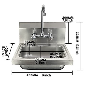 ERUPTA 304# Stainless steel basin Commercial Wall Mount Hand Sink 17'' x 15'' for Public places, restaurants, schools, kitchens and homes