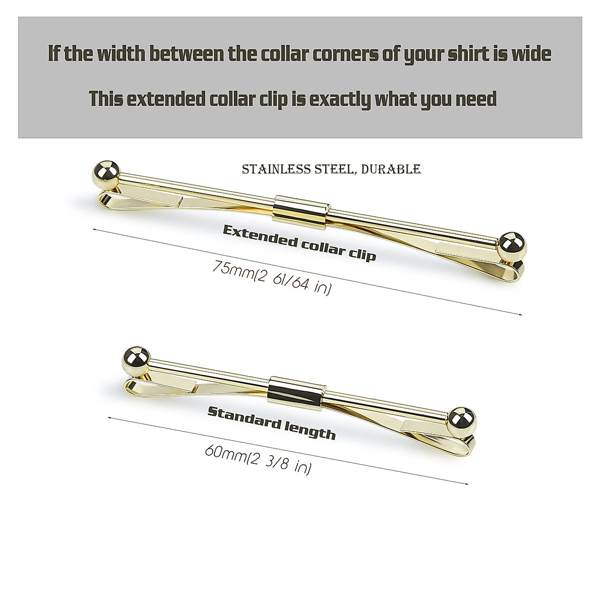 VVCome 3PCS Men's Classic Tie Clips Shirt Collar Clip Collar Bar for Necktie Gold Silver Black Tone Necktie Bar Pinch Clips Tie Pins Collar Holder (75mm Length)