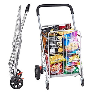VEVOR Folding Shopping Cart, 110 lbs Static Load Capacity, Grocery Utility Cart with Rolling Swivel Wheels, Heavy Duty Foldable Laundry Basket Trolley Compact Lightweight Collapsible Luggage, Silver