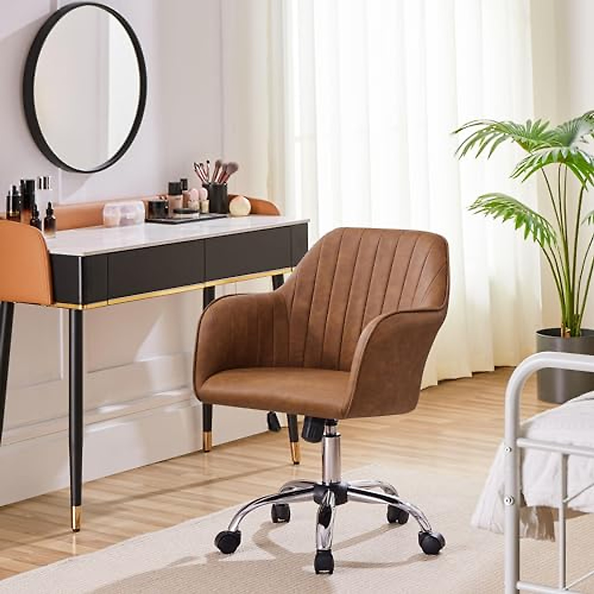 Yaheetech Modern Faux Leather Desk Chair Height Adjustable Task Chair Swivel Office Chair Makeup Chair Computer Chair Mid Back Chair Living Room Chairs with Arms Retro Brown