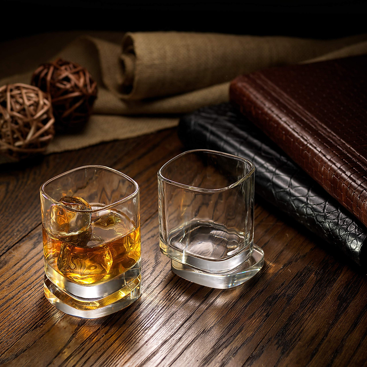 JoyJolt Aqua Vitae Premium Whiskey Glass Set of 2. Square Whiskey Glasses with Off Set Base. Old Fashioned Rocks Glasses for Scotch and Bourbon. Whiskey Tumbler Gifts for Men