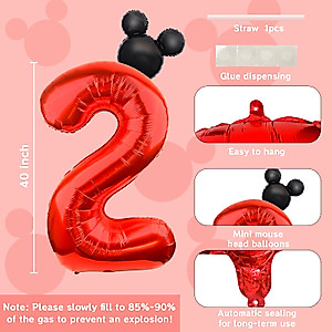 LEBERY Mouse Number 2 Balloon 40 Inch Red Number 2 Balloon Mini Mouse Head Balloon for 2nd Birthday Party, Black Red Large Number 2 Foil Balloon for Baby Shower Anniversary Supplies Decorations