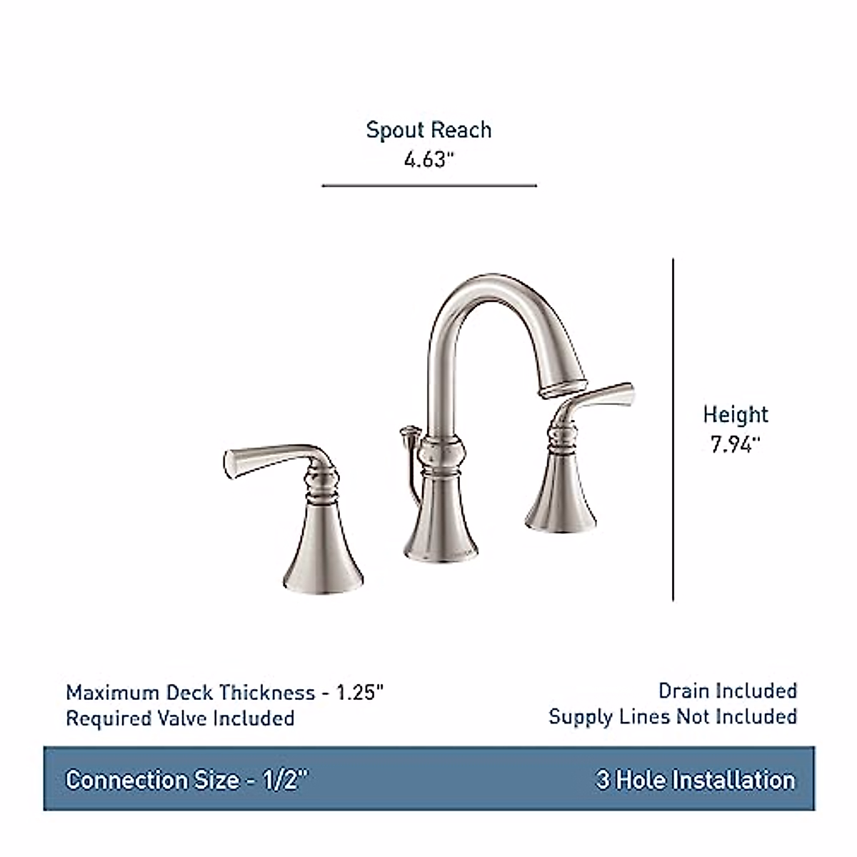 Moen Wetherly Spot Resist Brushed Nickel Two-Handle Widespread Bathroom Faucet with Valve Included, Bathroom Faucets for Sink 3-hole Deck Mounted Setup, WS84855SRN, ‎4.63 x 14 x 7.94 inches