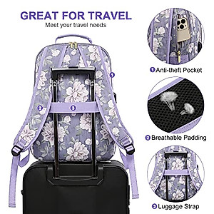 LOVEVOOK Laptop Backpack Purse for Women, Fashion Work Business Travel Computer Bags, College Nurse Backpack for Womens, Casual Daypack, Fit 15.6 Inch Laptop, Flower-Pink Purple