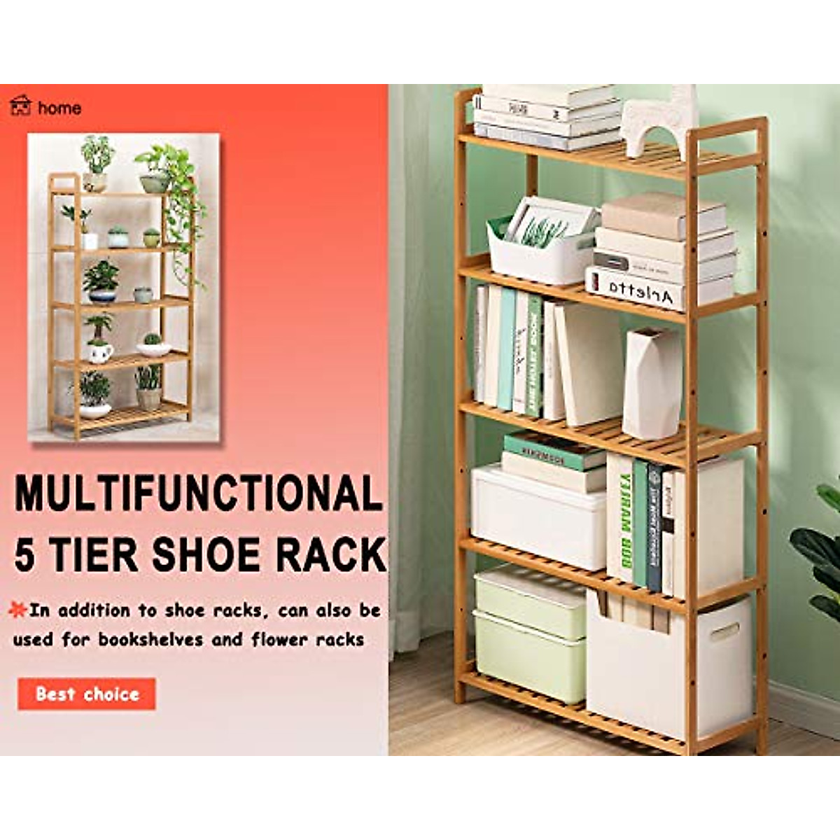 5 Tier Shoe Rack, Adjustable Boot Rack Shelf, Wood Boots Rack for Women, Bamboo Shoe Rack for Adult, Shoes Organizer for Entryway, Design Yourself, 16-20 Pairs, Easy Installation, 50"H x 10"W x 27"L