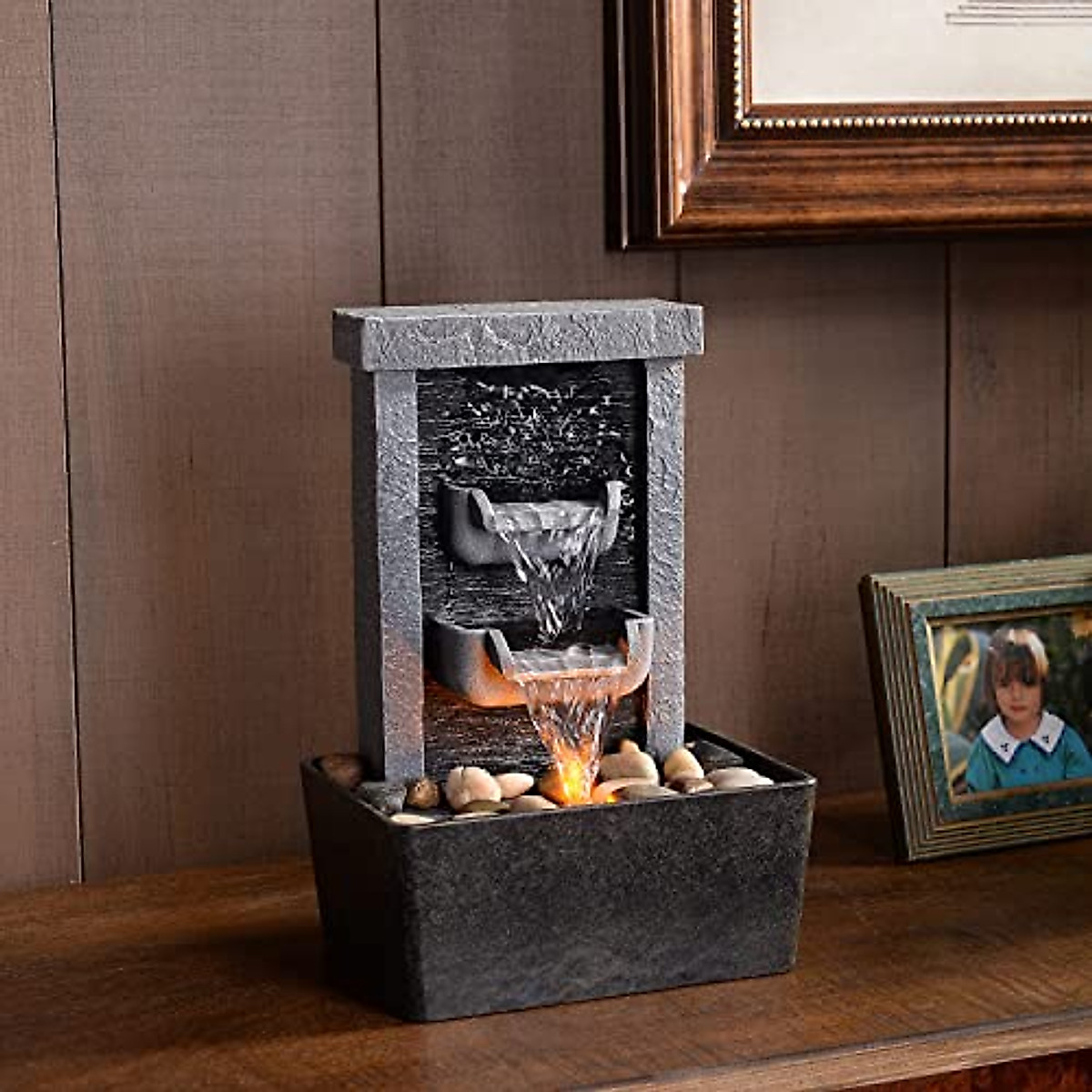 GOSSI Home Décor 10.3 in Indoor Waterfall Fountain Relaxation High Pressure Water Pumps Tabletop Fountain Nature Feeling Water Fountains with Reflective Lighting/River Rocks Home/Office Decoration