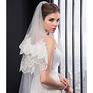 EllieHouse Chapel Length 2 Tier Sequin Lace Wedding Bridal Veil for Bride White
